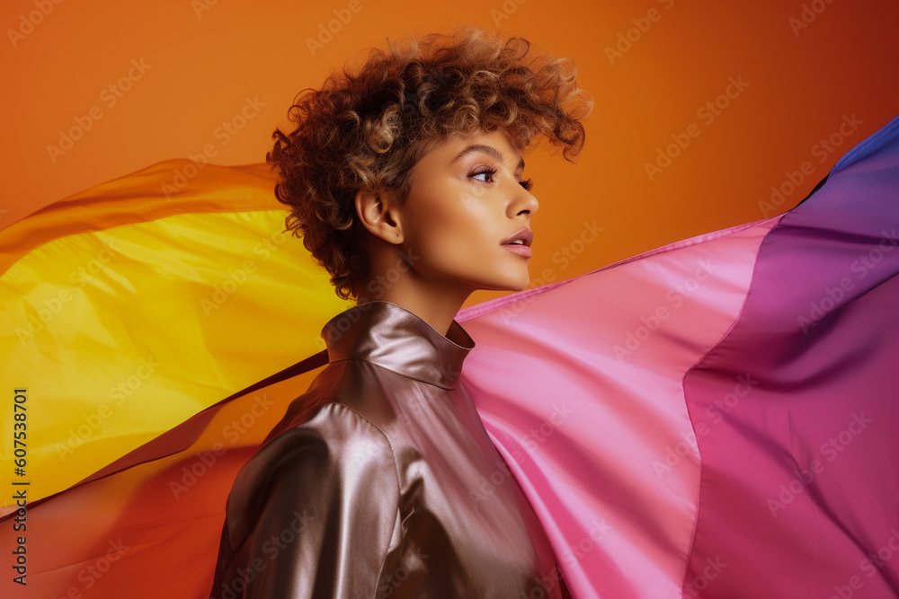 Expressive Generative AI pride photo of lesbian woman with rainbow flag ...