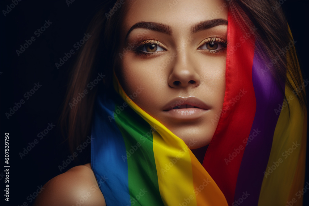 Expressive Generative AI pride photo of lesbian woman with rainbow flag ...