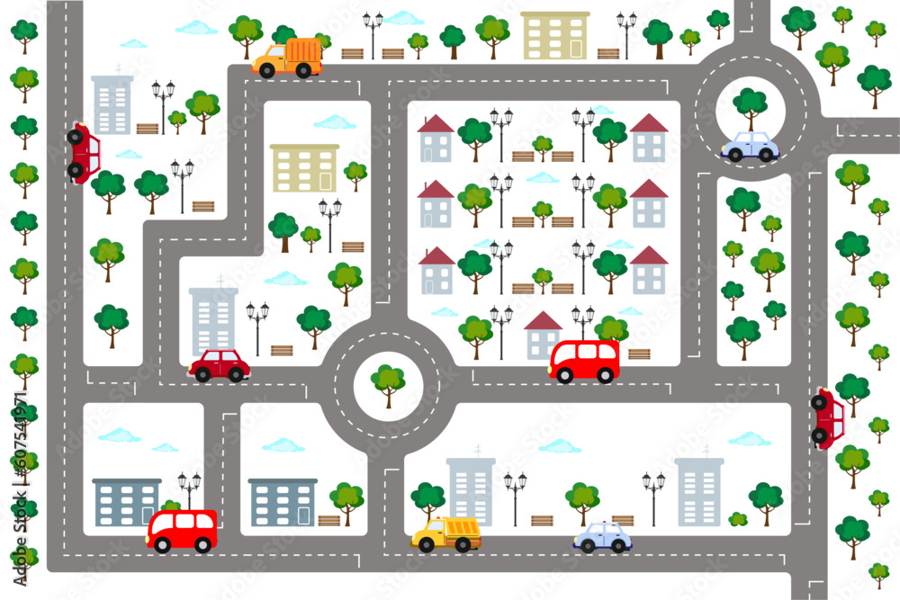 Cartoon City map, town plan, with roads, trees and houses. Flat vector ...