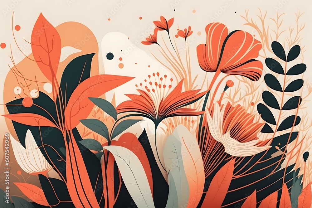 Abstract art background vector. Hand drawn watercolor flowers and line ...