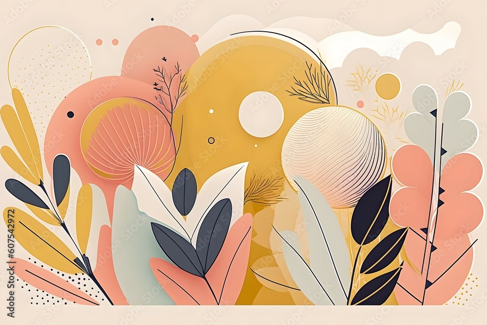 Abstract art background vector. Hand drawn watercolor flowers and line ...