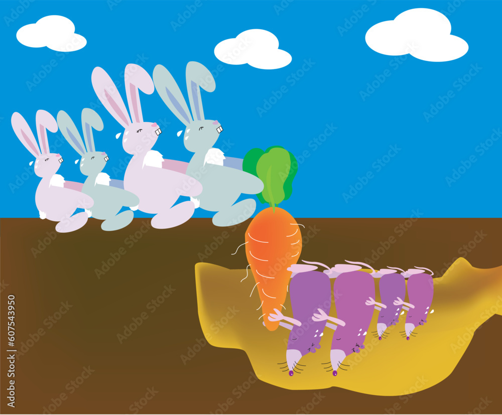 a vector, illustration for a rabbit's family try to pull out a carrot ...