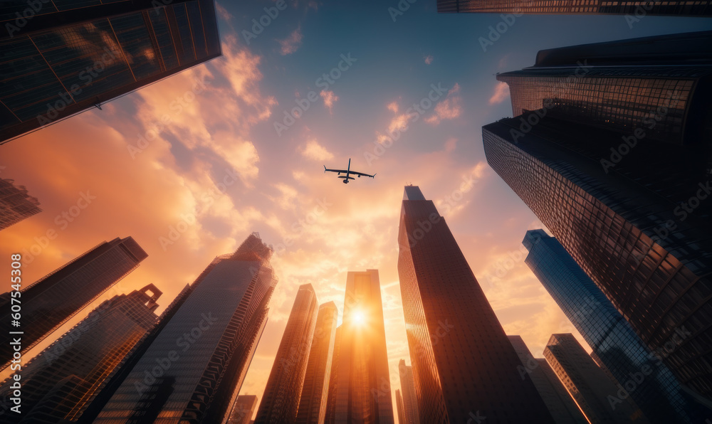 Airplane flying over buildings. Skyscraper fly business traveling ...