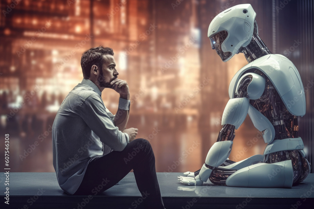 Person is talking to robot. Interaction of artificial intelligence and ...