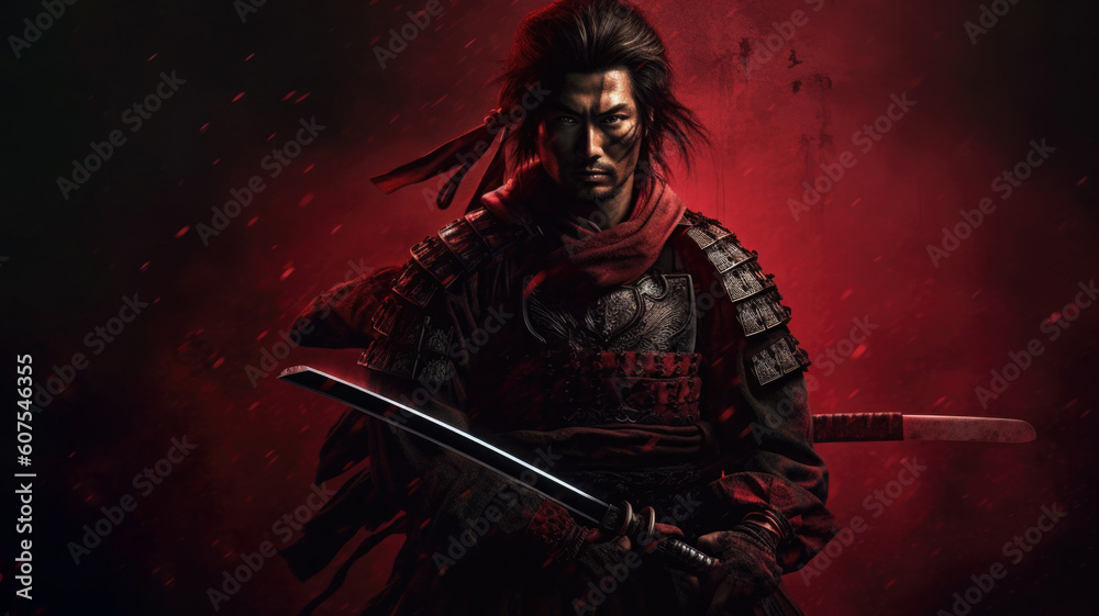 Male asian warrior portrait. Samurai in traditional armor. Created with ...