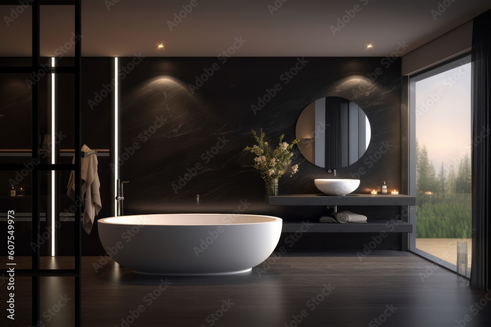 Luxurious spa-like bathroom with a freestanding bathtub, black marble ...