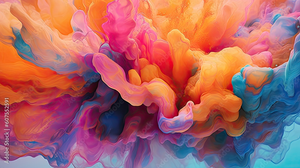 A mesmerizing wallpaper showcasing a mix of vibrant liquid colors suspended in a transparent ...