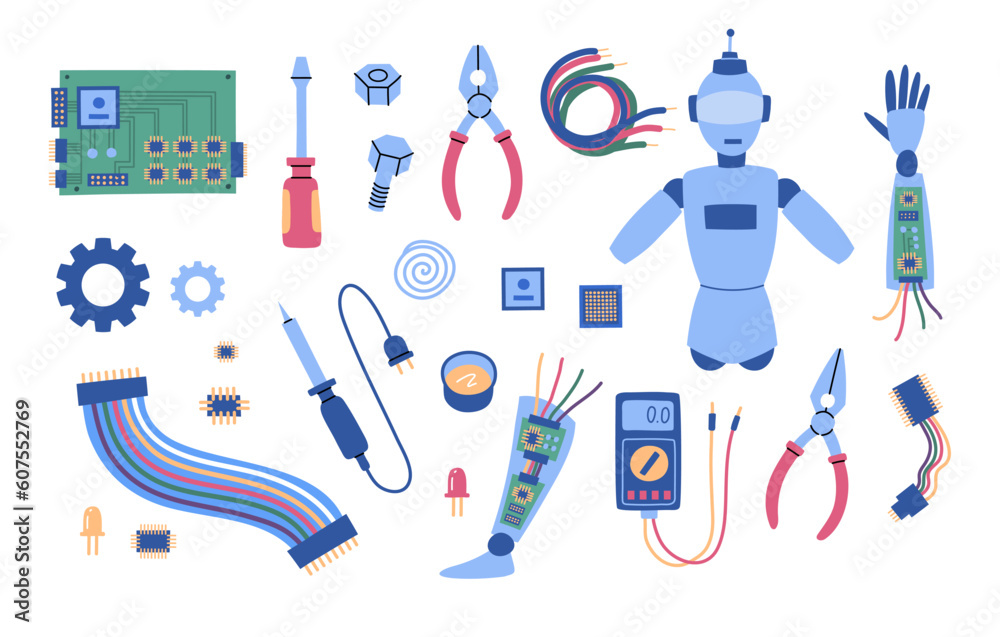 Cartoon Color Making Robot DIY Kit Different Elements Set Concept Flat ...