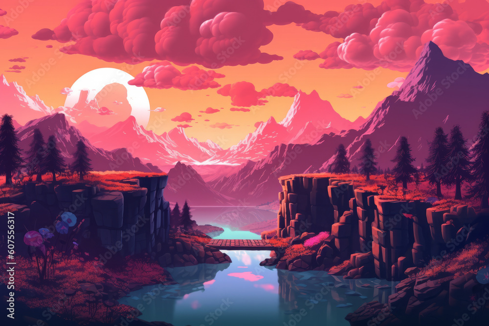 8-bit game background nostalgic landscape. Pixelated mountains, forests ...