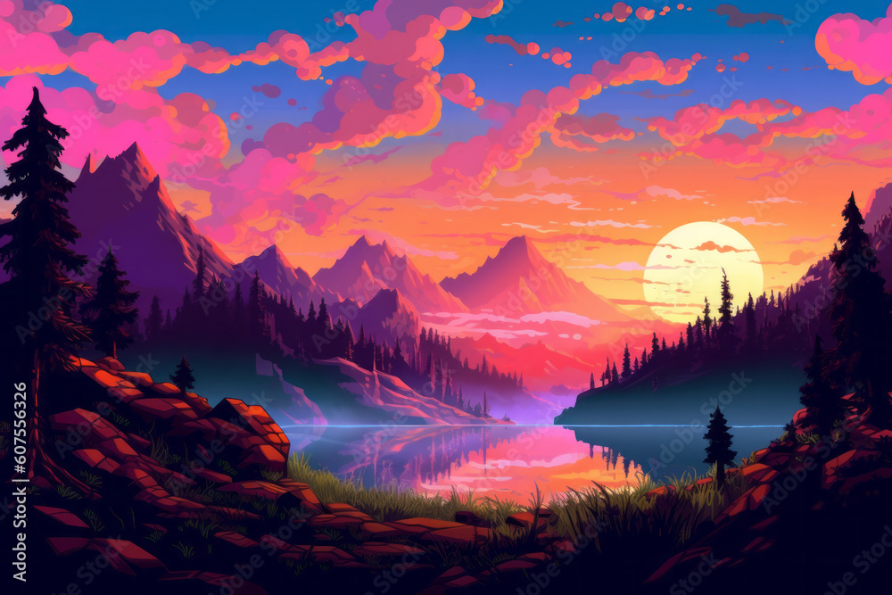 8-bit game background nostalgic landscape. Pixelated mountains, forests ...