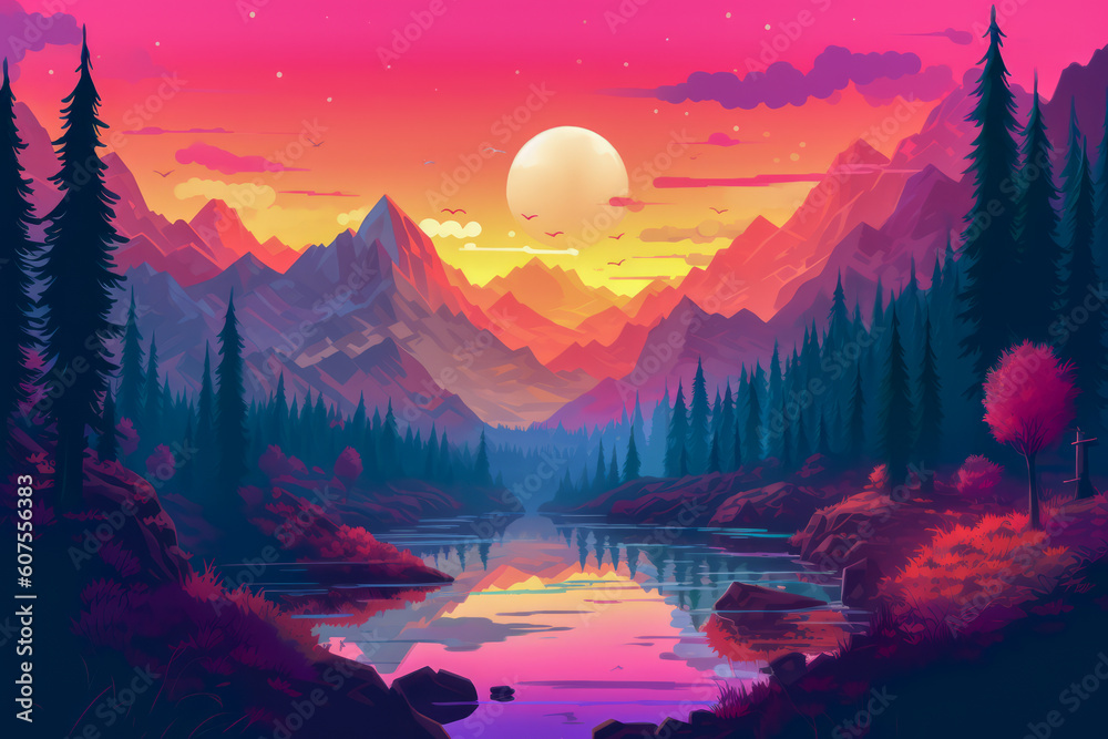 8-bit game background nostalgic landscape. Pixelated mountains, forests ...
