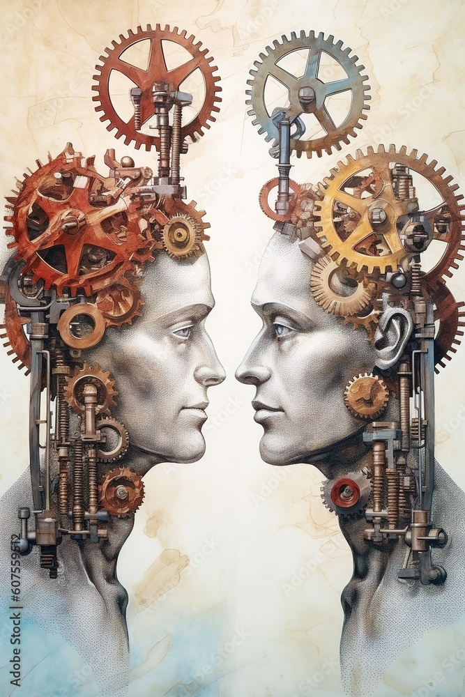 Abstract illustration of two head with gear heads connected to each ...