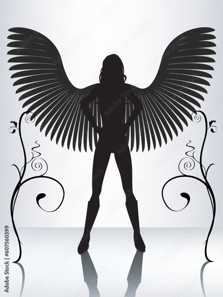 Vector illustration of black angel silhouette on a glossy surface Stock ...