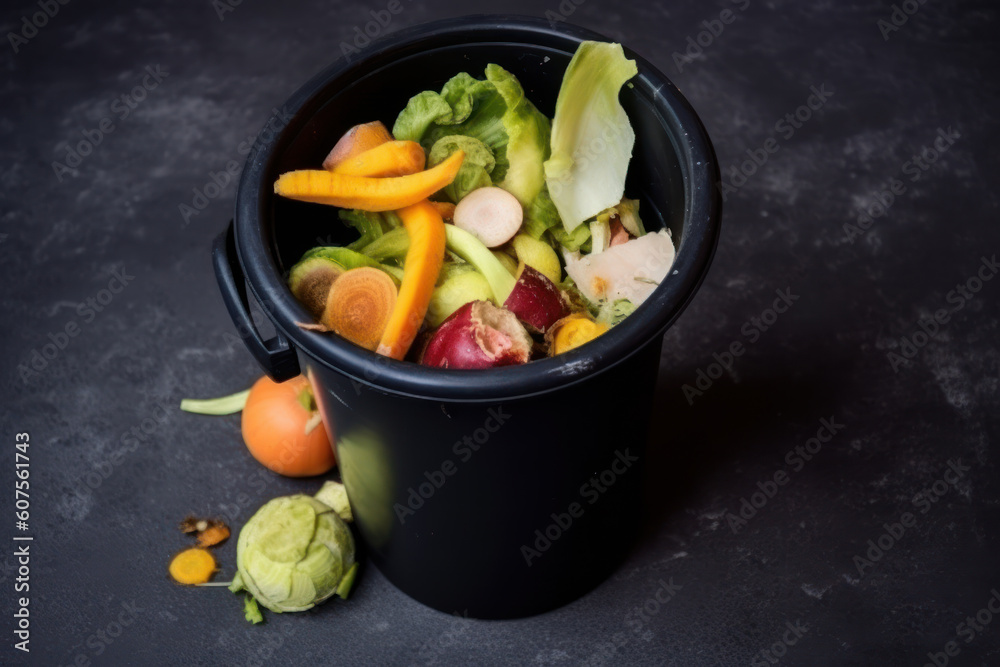 Uneaten unused spoiled vegetables thrown in the trash container. Food ...