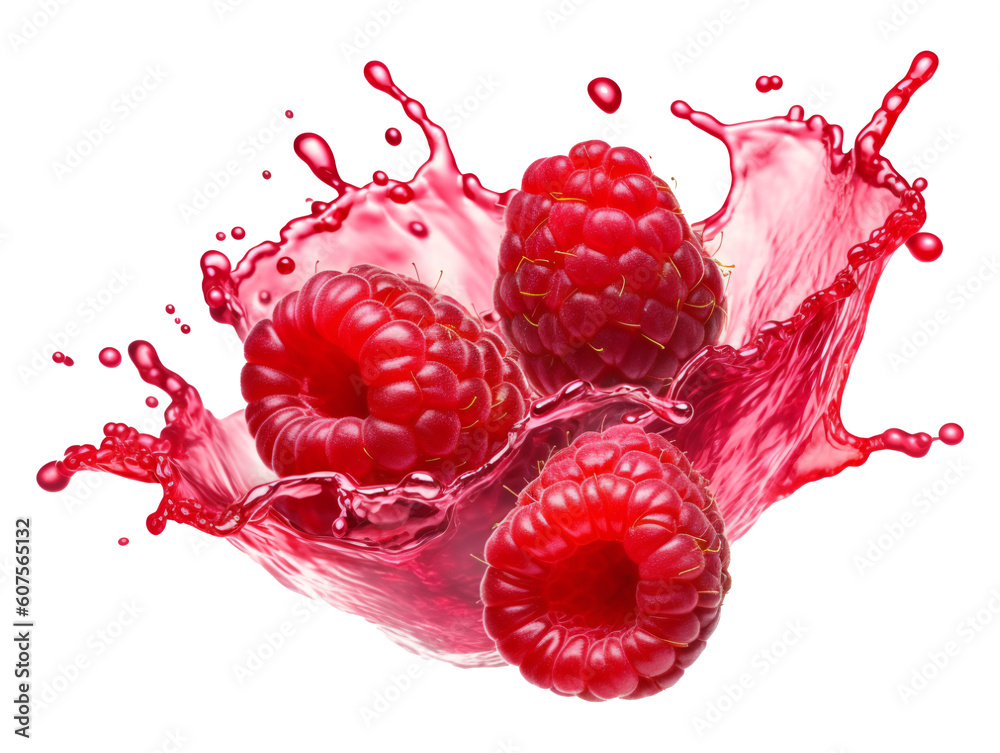 Raspberries in juice splash isolated on a white and transparent ...