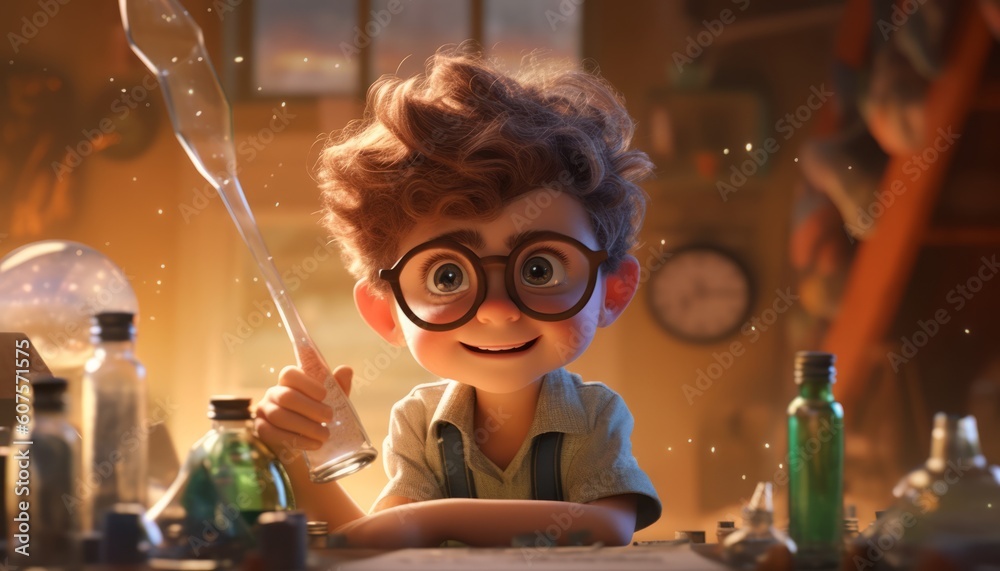 Child boy in a magical chemistry lesson, a young student is ...
