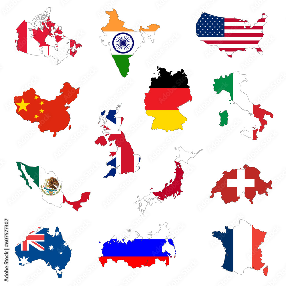 outline maps of the countries with national flags Stock Vector | Adobe ...