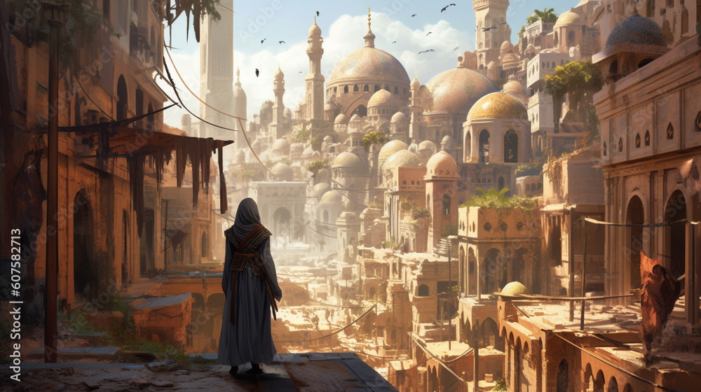 An ancient cityscape with towering minarets and narrow alleyways, where ...