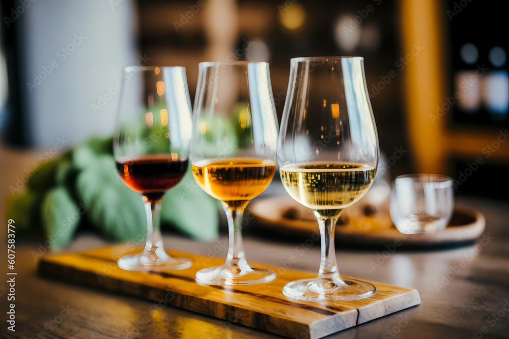 Flight of wine for tasting on a bar counter with a blurred background ...