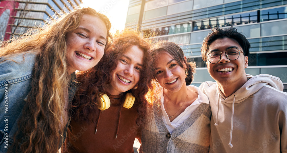 Erasmus International university students looking at camera happily ...