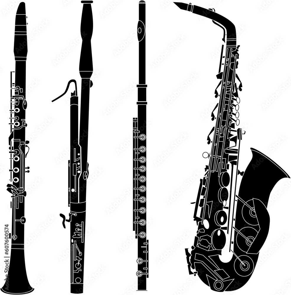Poster Woodwind musical instruments set in detailed vector silhouette ...