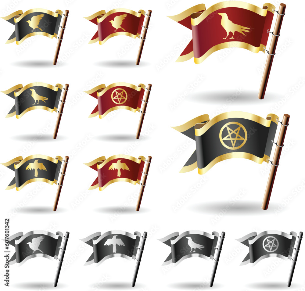 Pentagram, crow, and raven icons on vector flag button set - red and ...