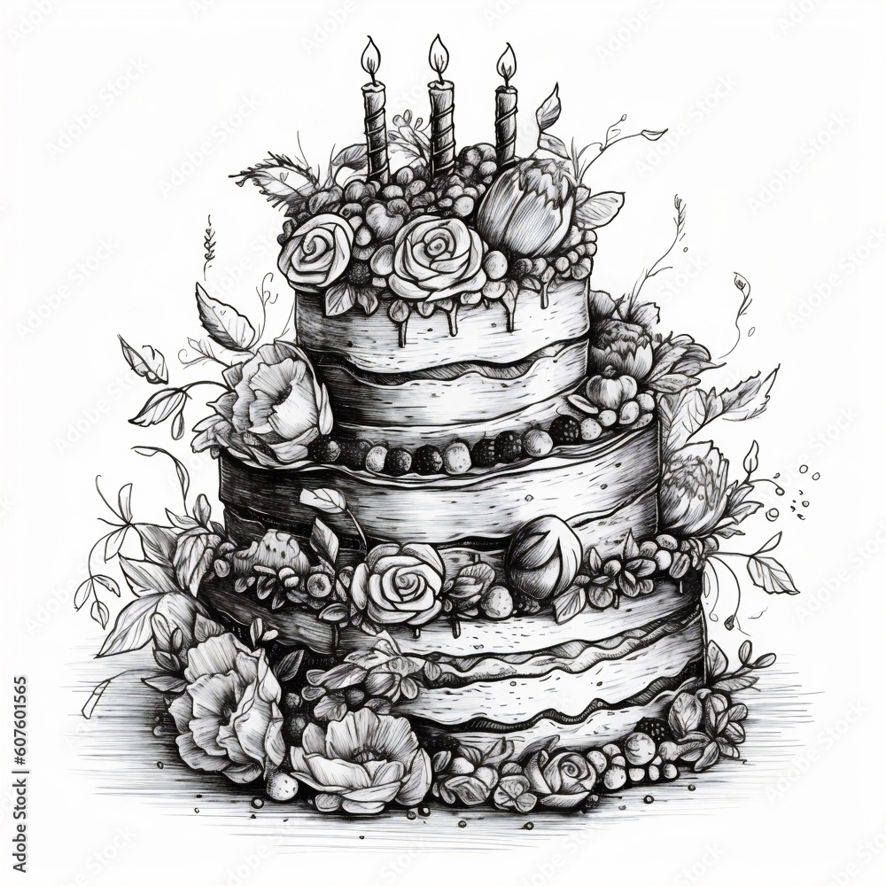 Birthday Cake Cherry Dessert Flower Wedding Cake Celebration Sketch ...
