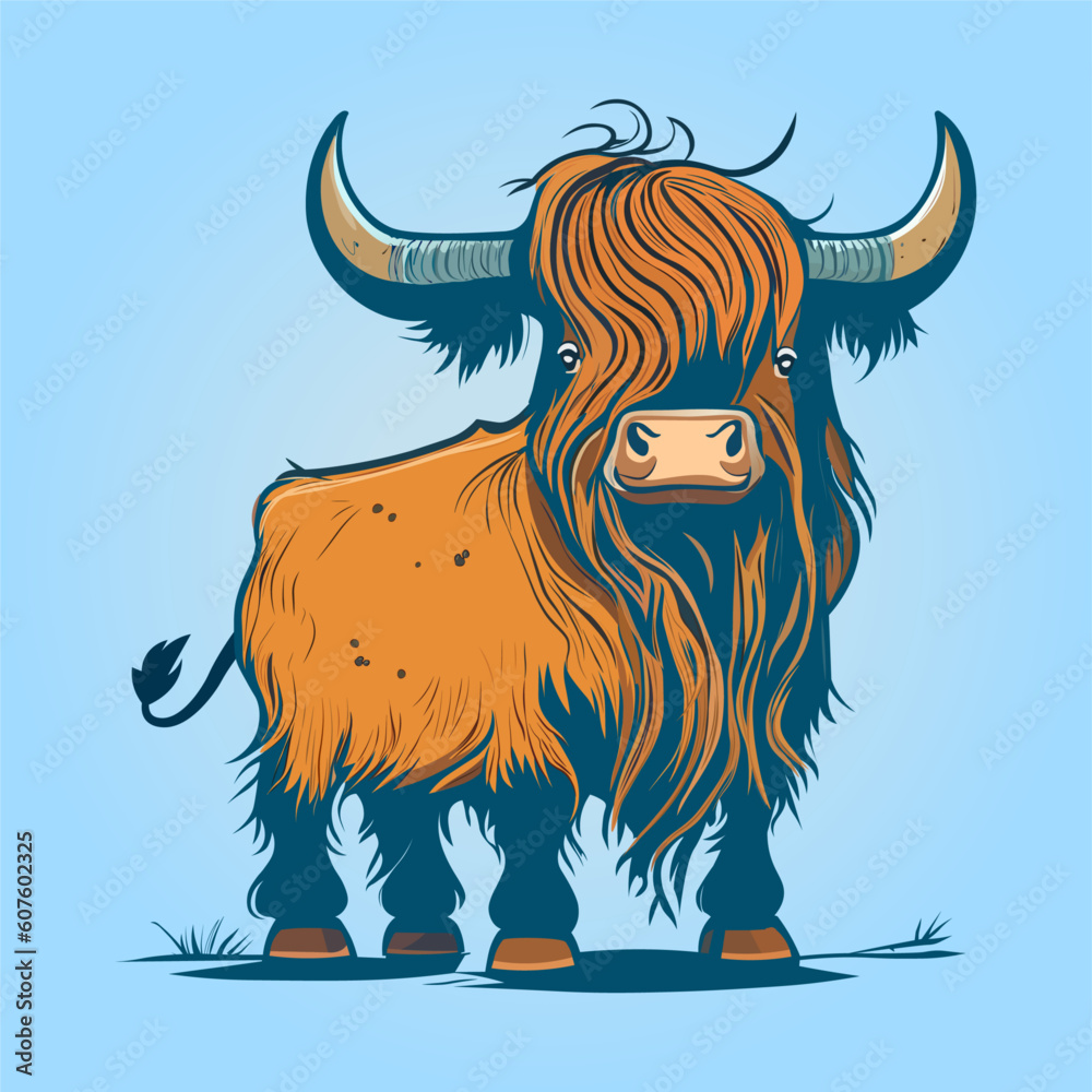 Illustration of a cartoon calf of the highland cow in the caricature ...