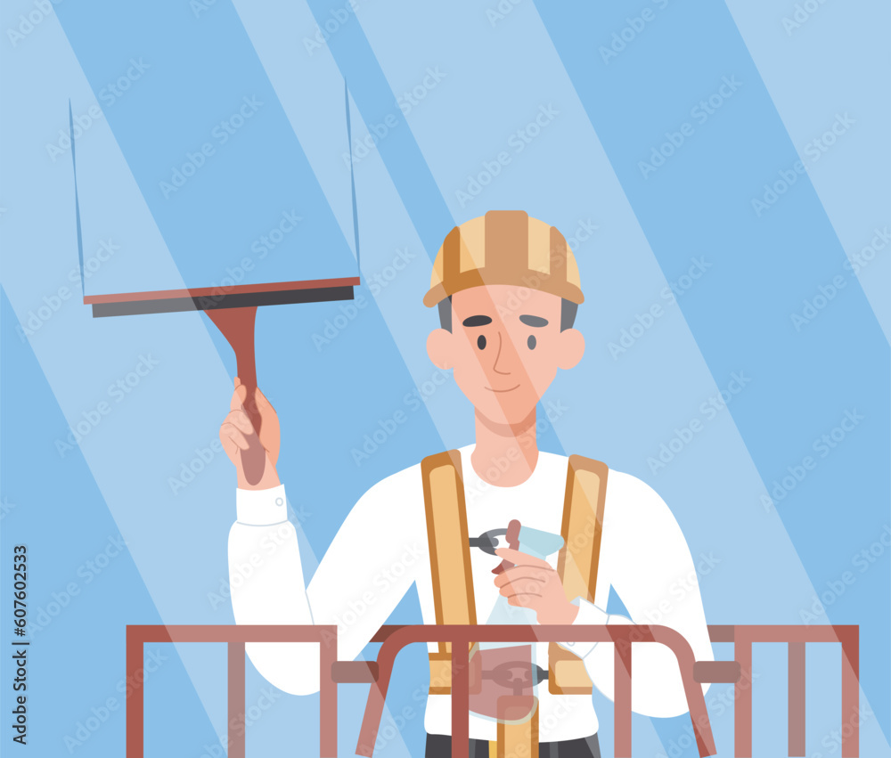 Man washes windows. Young guy in uniform with protective helmet with ...