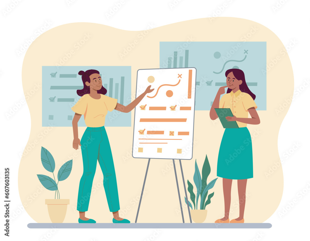 Action plan concept. Women near slide with strategy. Planning and goal ...