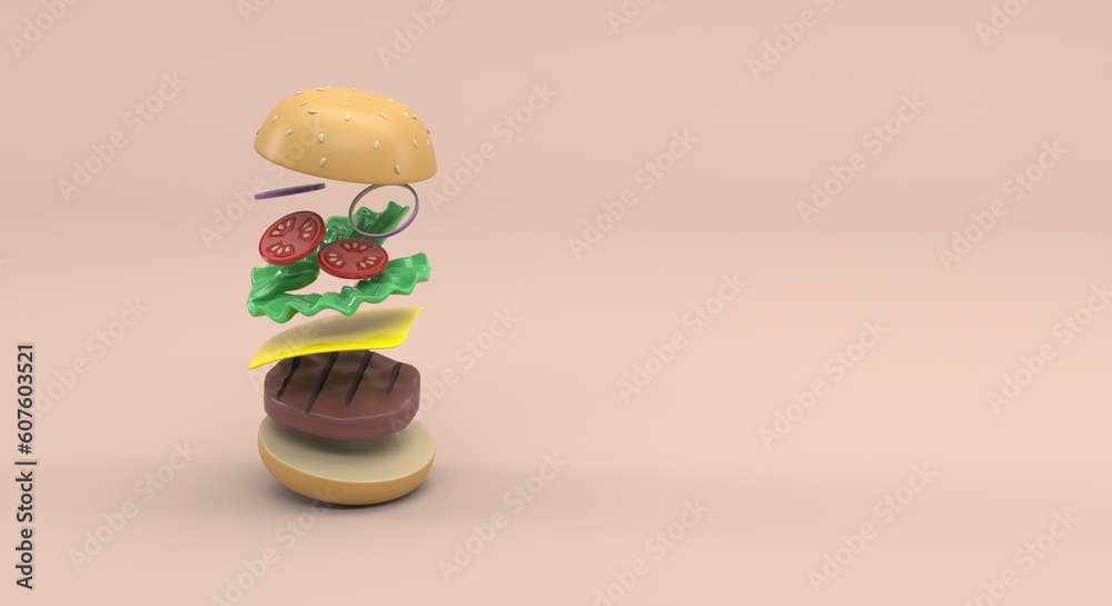 Hamburger, all layers of a hamburger, bun, meat, lettuce, cheese ...