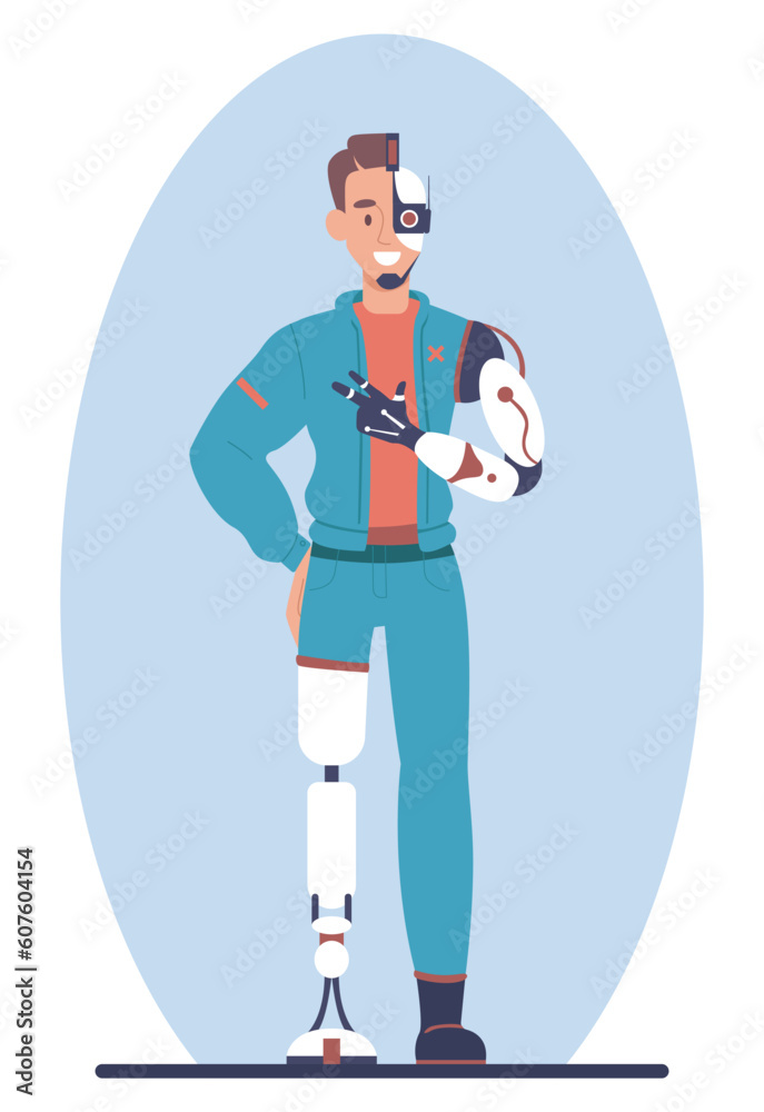 Man cyborg concept. Young guy with robotic limbs and head. Artificial ...
