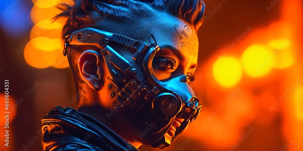 futuristic punk woman in the dark night with gas mask, fictional person ...