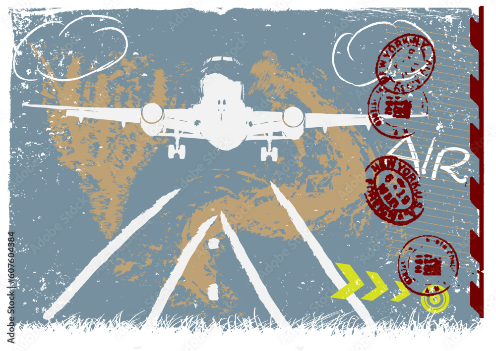vector grunge background with airliner and stamps Stock Vector | Adobe ...