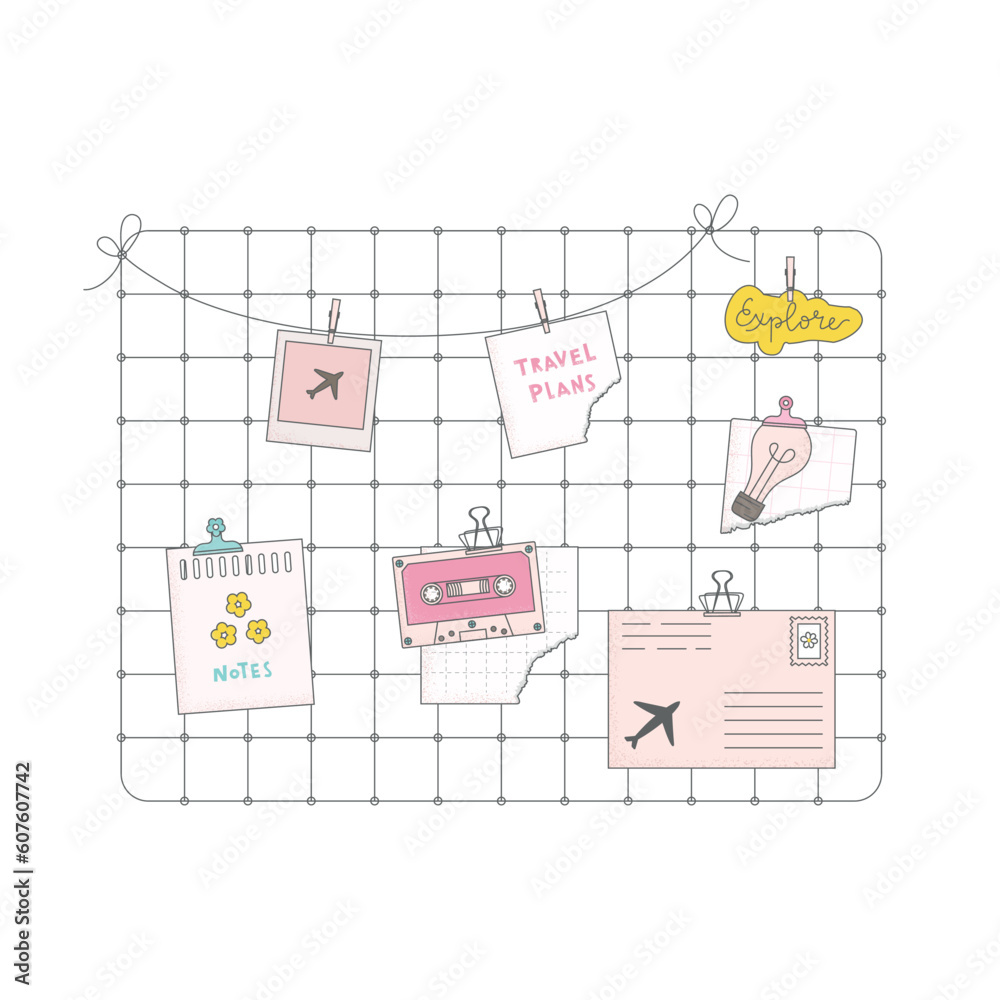 Flat vector illustration with cute paper notes, clip, card. Metal grid ...