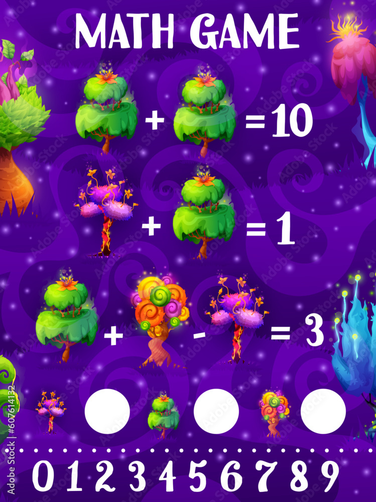 Math game worksheet, cartoon fantastic magic trees and plants, vector ...