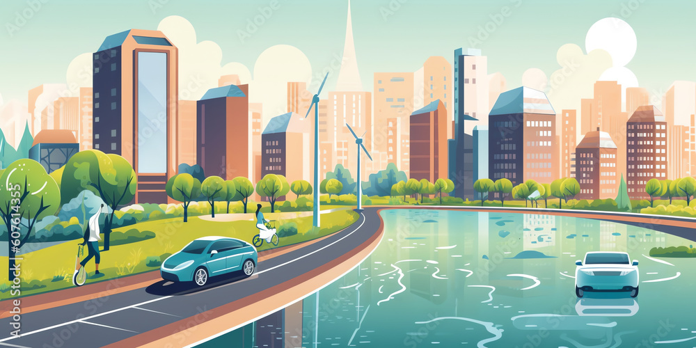 Generative AI Electric car charging with city background and lettering ...