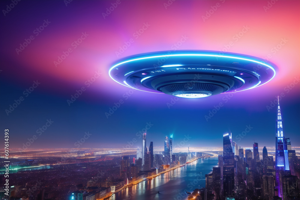 Flying saucer over cityscape, alien craft in the night sky, epic sci-fi ...