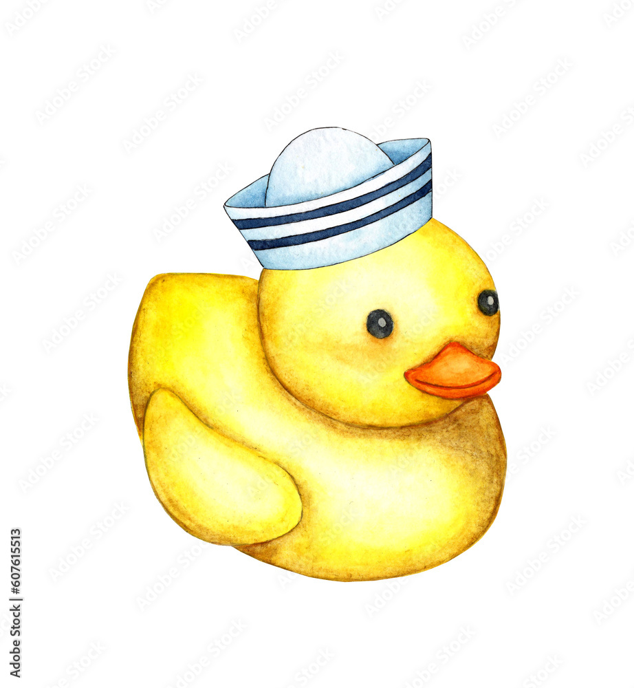 Watercolor illustration of a small yellow carved sailor duck ...