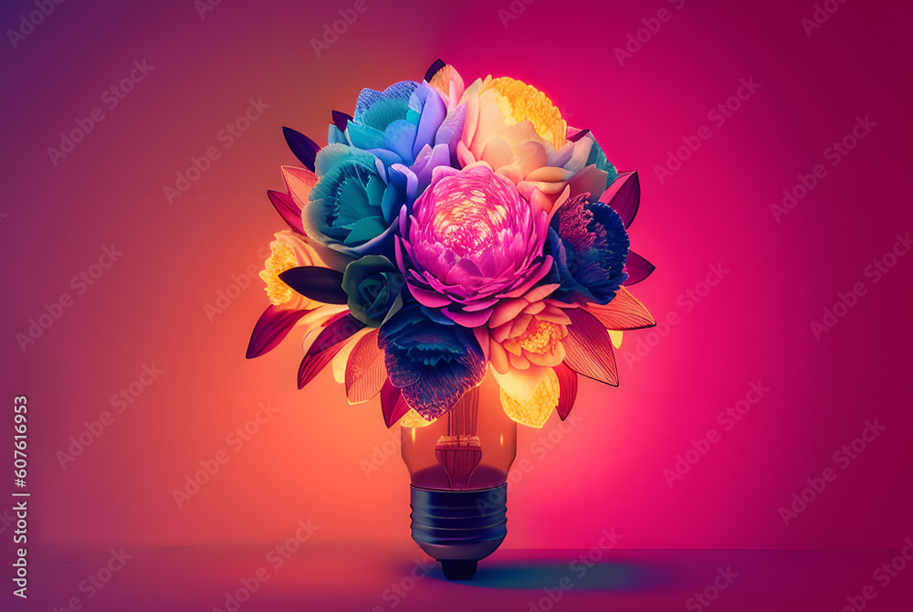 Flowers in a colorful glowing idea bulb lamp, visualization of ...