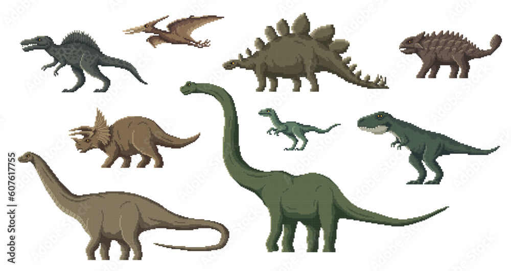 Pixel dinosaur characters. 8 bit game asset, pixel art dino animals ...