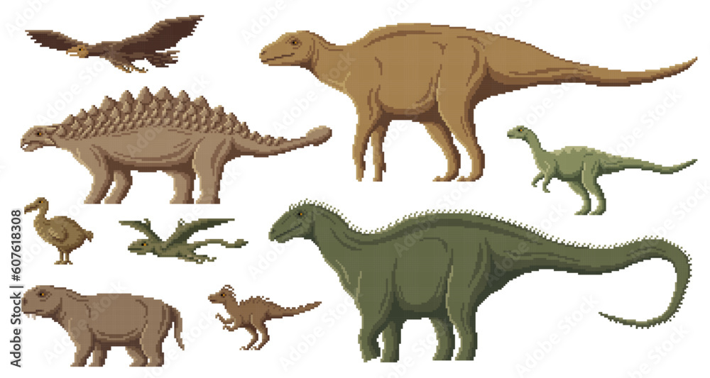Pixel dinosaur characters. 8 bit pixel art game dino animals ...