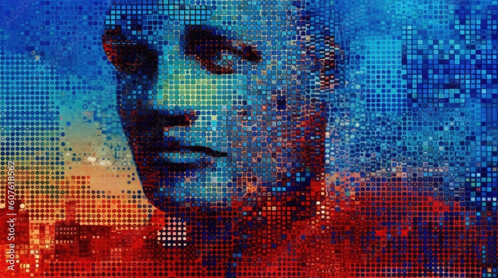 The shape of a human face is made of blocked red and blue. generative ...