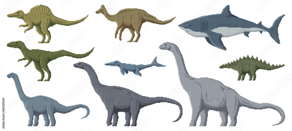 Pixel dinosaur characters. 8 bit pixel art game dino animals ...