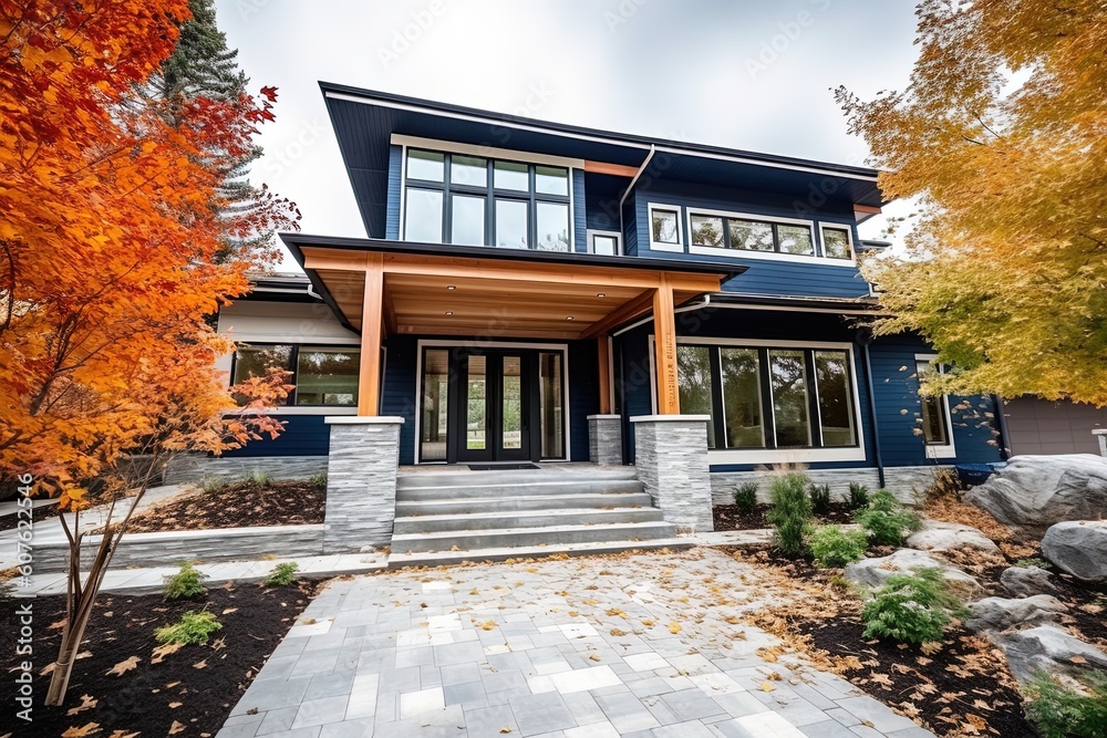 Navy Blue Siding and Natural Stone Porch Complement Innovative ...