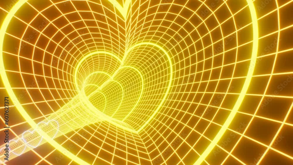 Flying Through Wireframe Grid Retro Neon Heart Shaped Glow 3D Tunnel ...