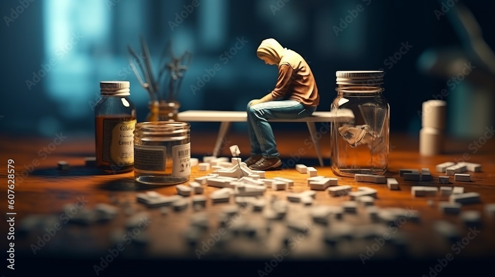 A person sitting on a table surrounded by pills. Concept of substance ...