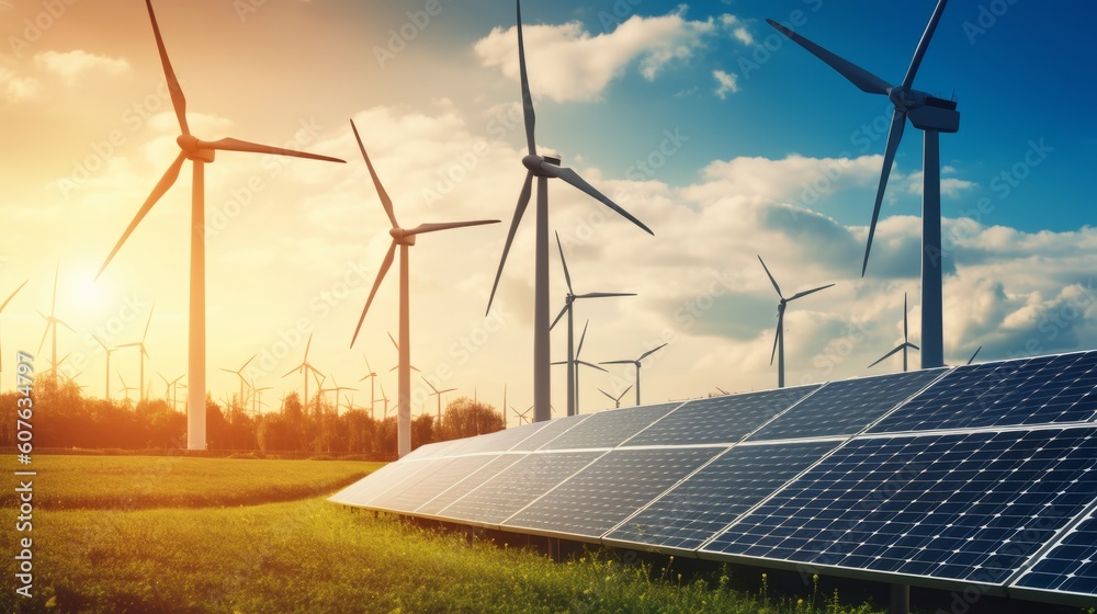 Renewable energy background with green energy as wind turbines and ...