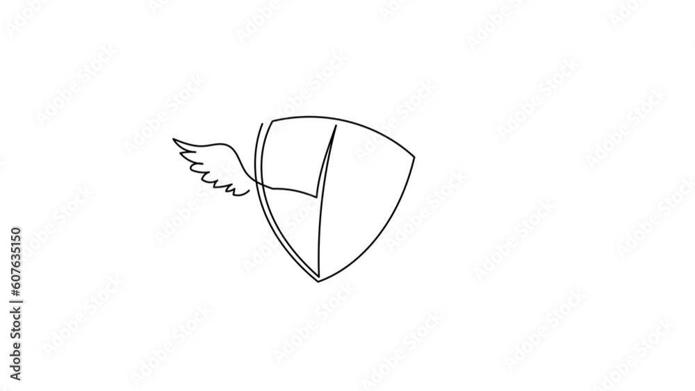 Animated self drawing of continuous line draw cute flying shield with ...