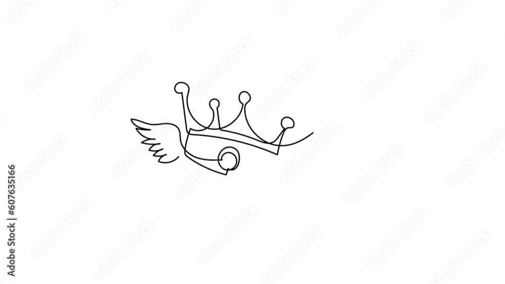 Animated self drawing of continuous line draw flying crown with wings ...